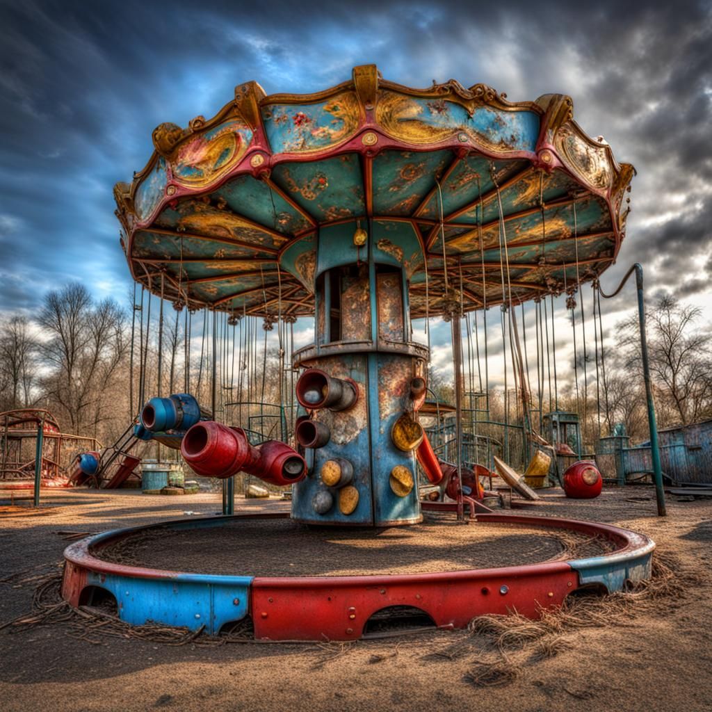 An abandoned playground full of broken rides and toys, intricate ...