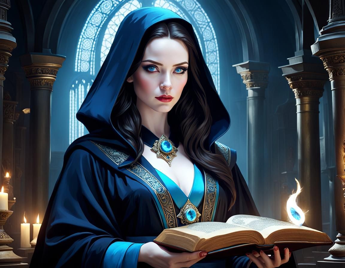 Lady magician, blue eyes, dark hairs, pale skin, Curvy, in dark robes ...