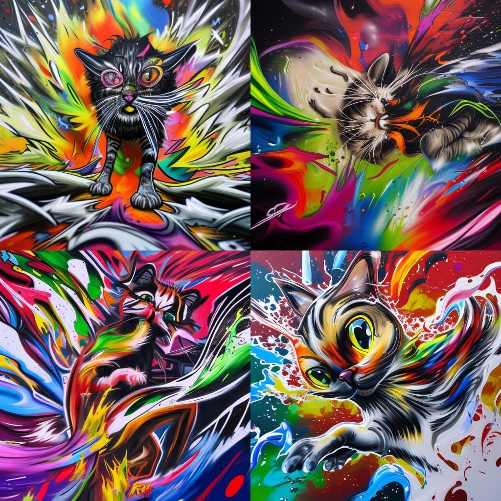 bone structure of a cat pouncing, graffiti art, splash art, street art ...