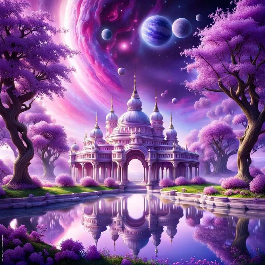 outer space, outside universe, garden of fruitful trees, flowing fresh milk river, starry sunny ...