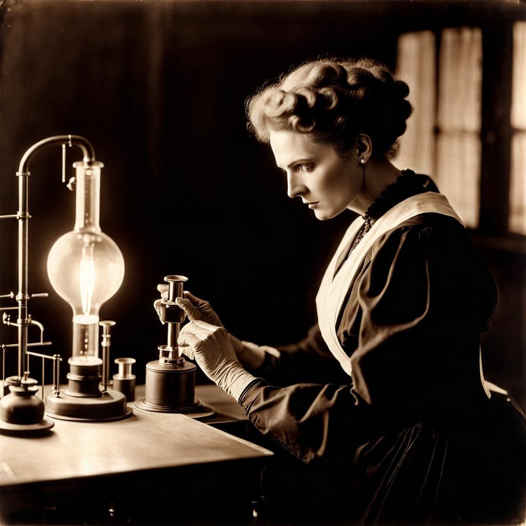 Marie Curie working on the radium in her laboratory, old sepia ...