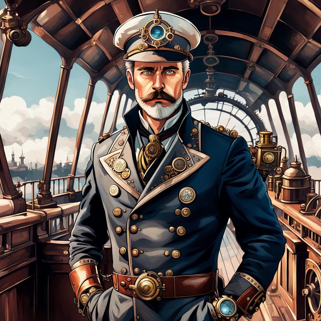 A very handsome steam-powered airship captain standing on the bridge of ...