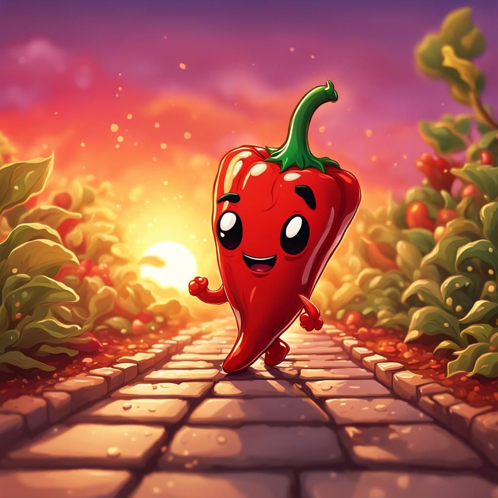 Chibi style chili pepper walking down pathway, at sunset - AI Generated ...