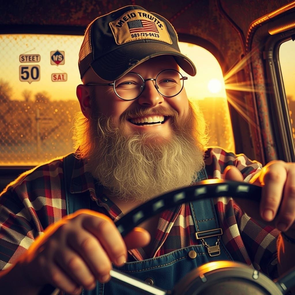 Fat nasty smiling redneck drives the old rusty truck, close-up, sunset
