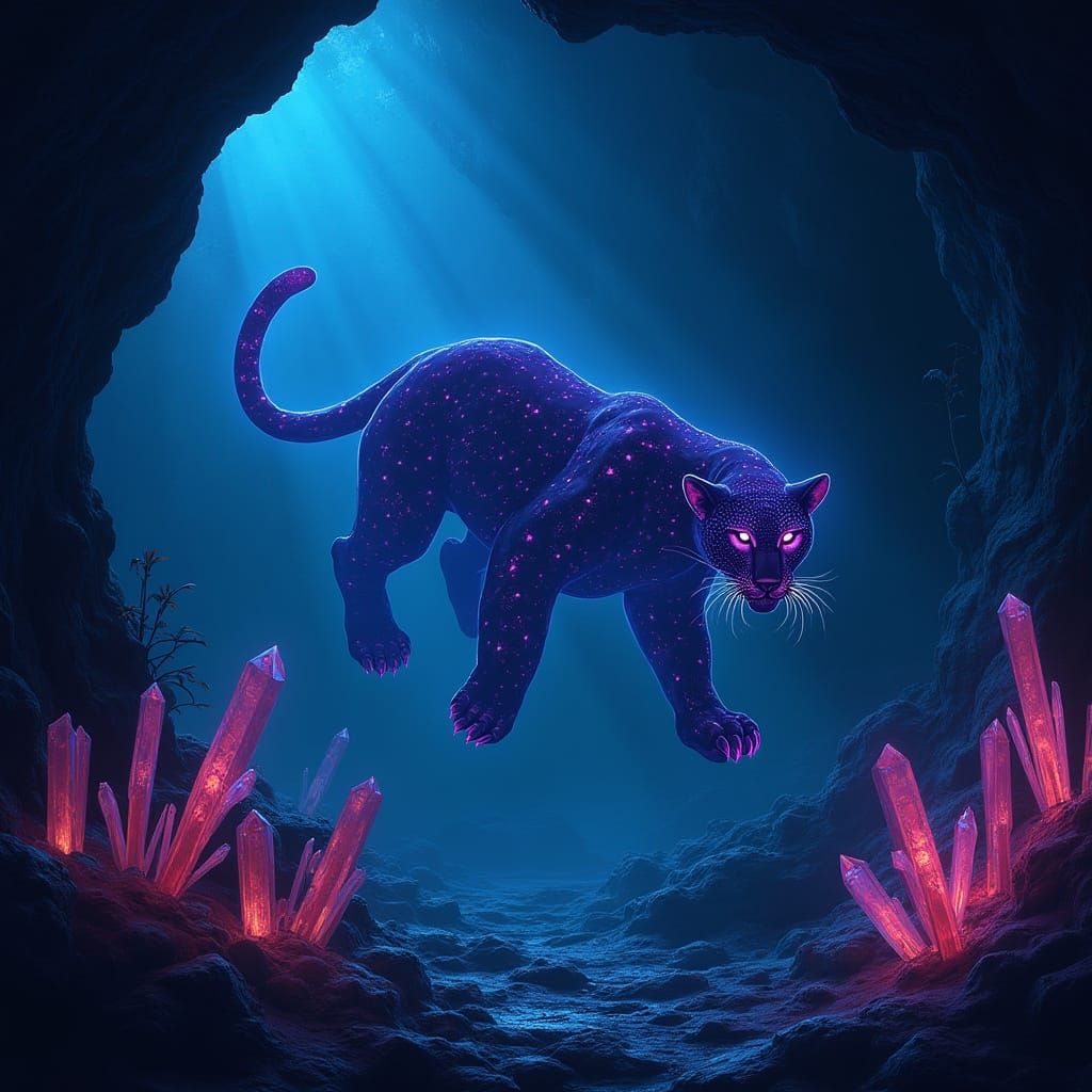 swimming nightpanther - Bioluminescent Panther in Deep-Sea C...