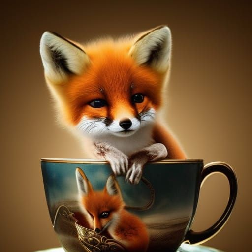 Adorable baby fox in a teacup with a fox on it - AI Generated Artwork ...