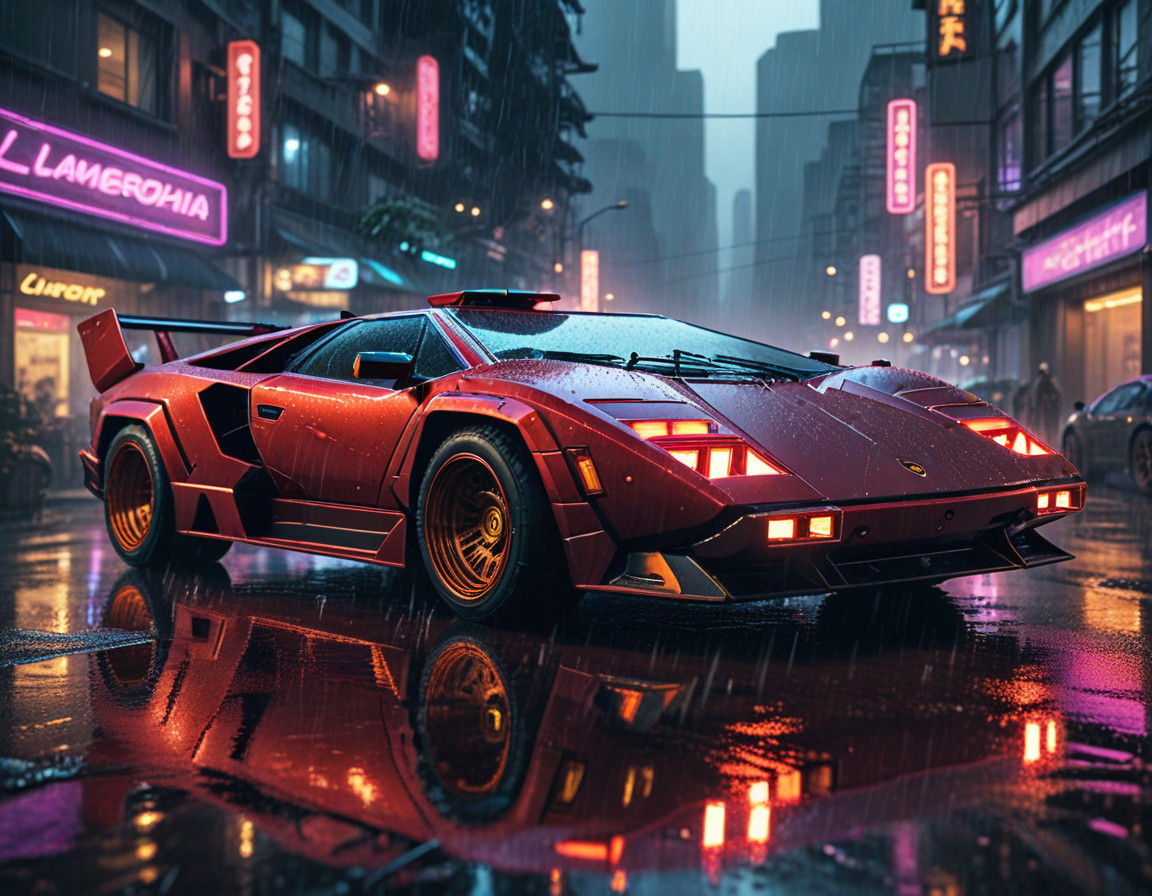 Cyberpunk Countach v3 - Red Cyberpunk Countach Racing Throug...