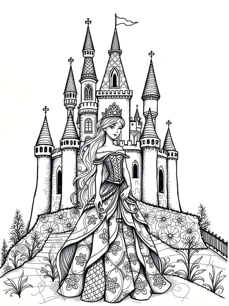 Zentangle Princess Before Castle Tattoo Lineart - AI Art