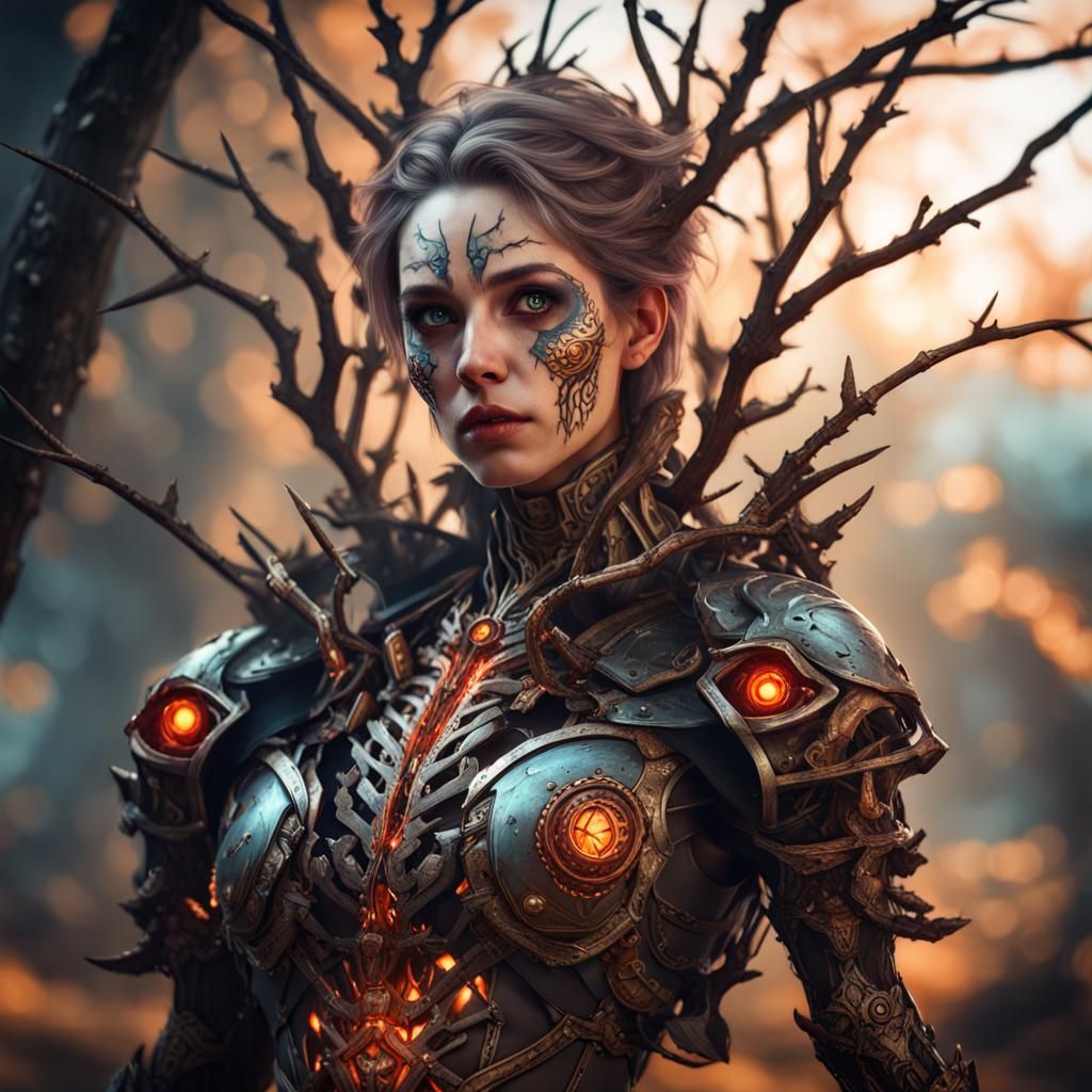 beautiful fenale Pyro-mancer with open breast Dreamcaster Exo-Skeleton ...