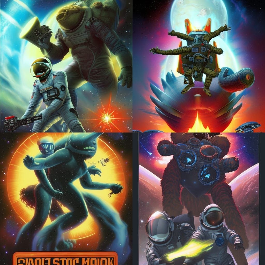 sci fi movie poster of two astronauts battling a giant space monster ...