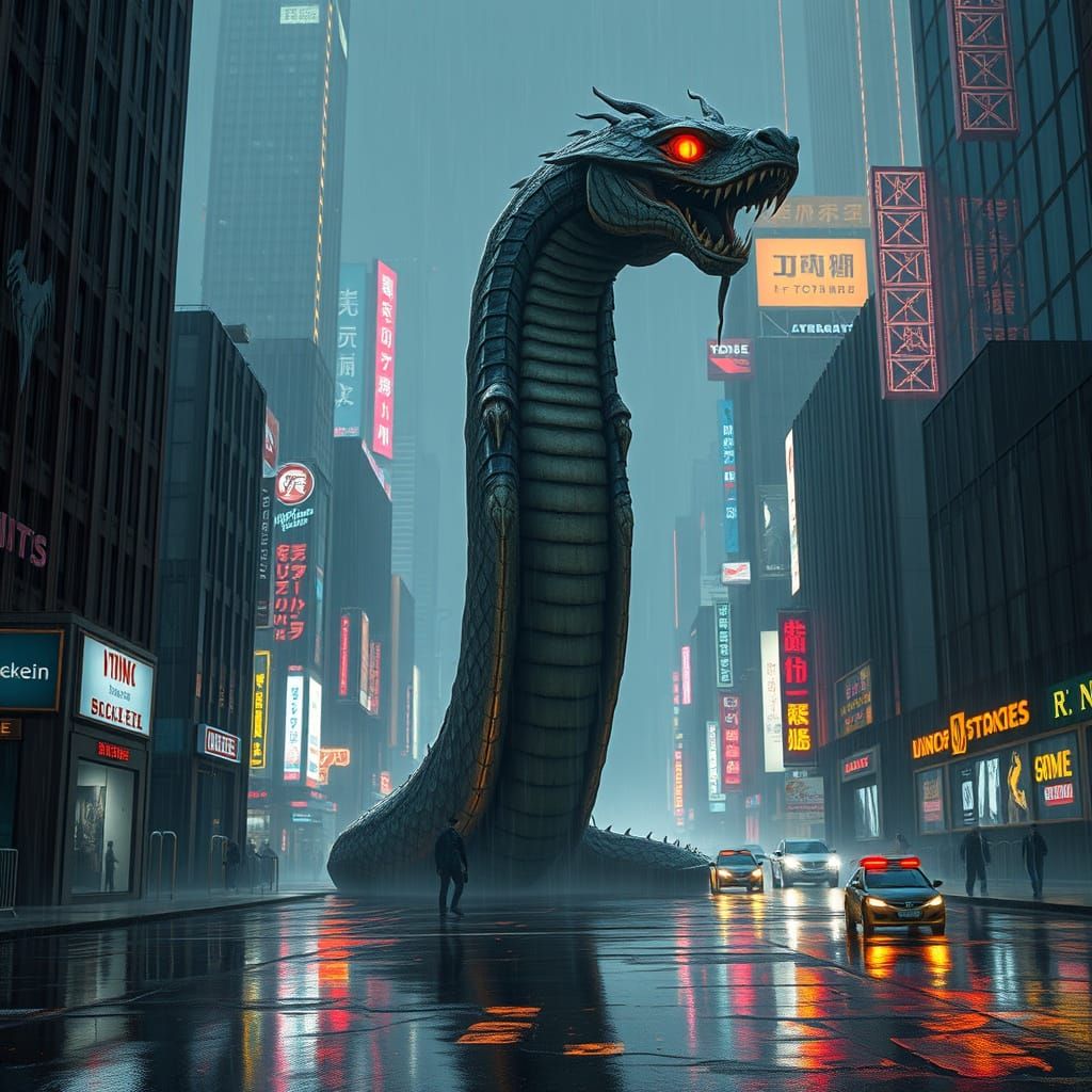 Gritty Cyberpunk Snake God Reigns Over Dystopian M... - AI Art