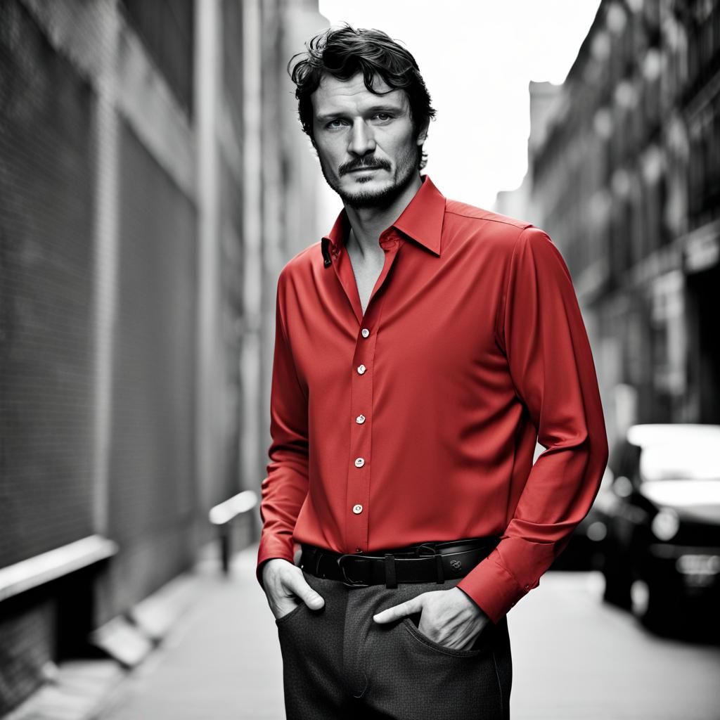 portrait Pedro Pascal with red shirt photo style selective color 4 - AI ...