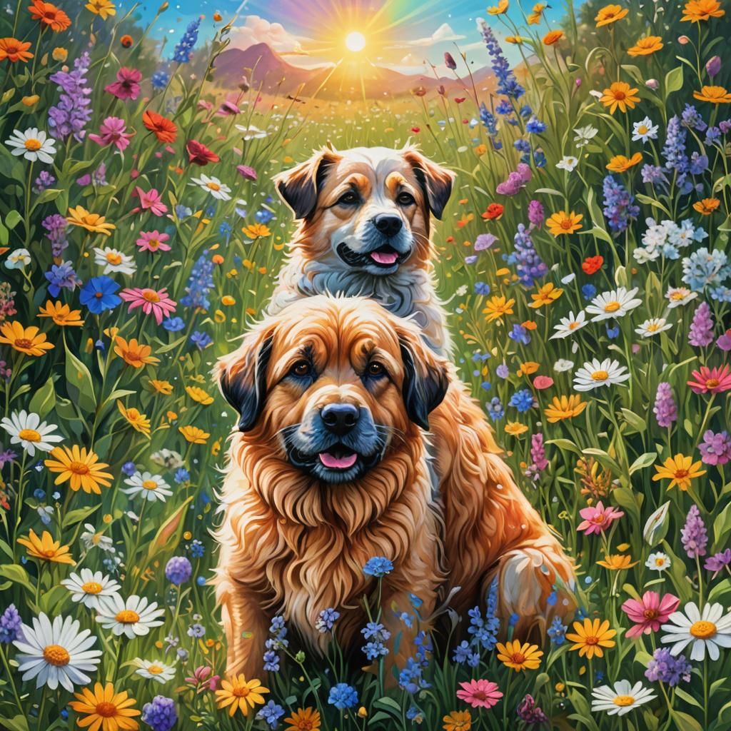 A field of wildflowers on a sunny day, dwarf and dog hug happily - AI ...
