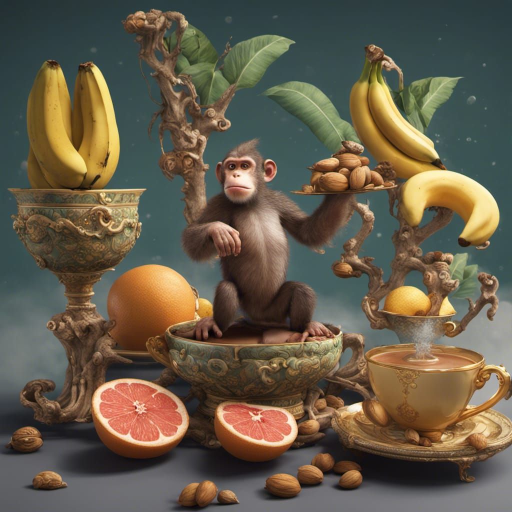 Nuts, monkey, grapefruit, teacup and saucer, banana, bongo - AI ...
