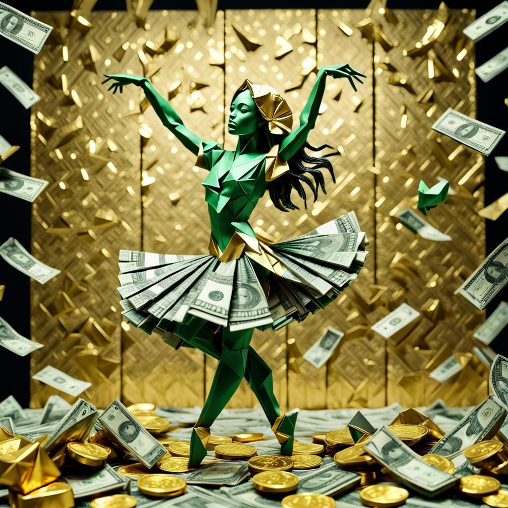 Selective color splash green and gold only. An origami female dancer ...