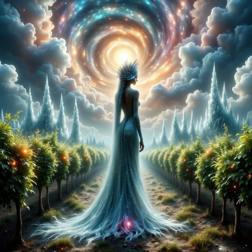 Ethereal Alien Princess in Lush Vineyard Landscape - AI Art
