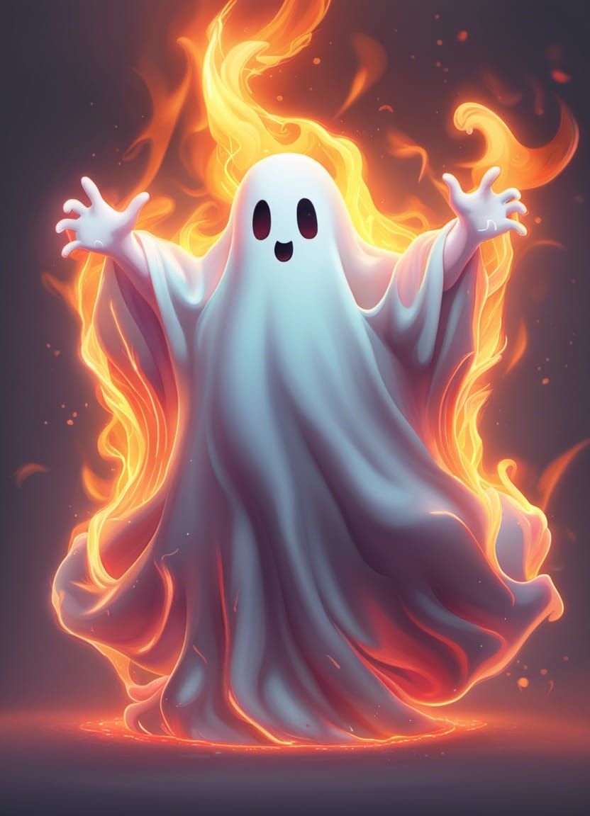 a glowing outline of a standing on-fire cute happy obese Ghost, with ...
