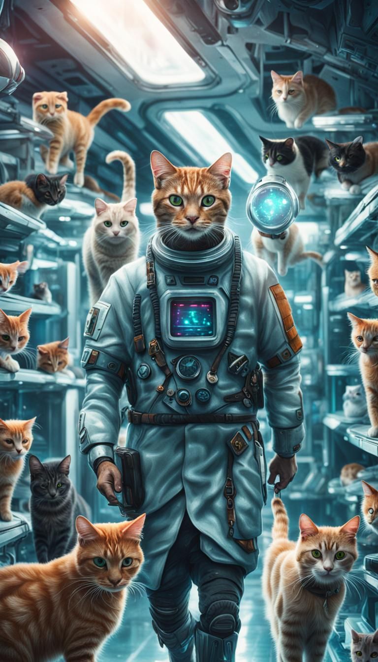 veterinary medicine man with pets cats everywhere sci-fi solarpunk ...