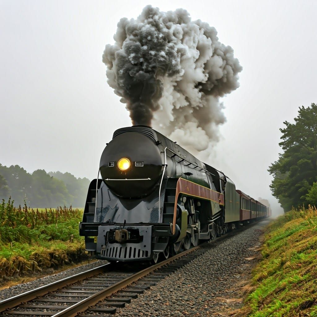 Vintage Steam Engine Train Chugs Through Foggy Lan... - AI Art