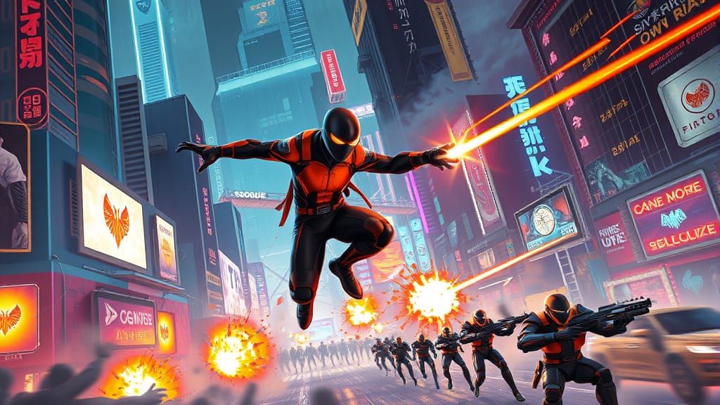 Cyberpunk Agent Leaps Through Futuristic City in H... - AI Art