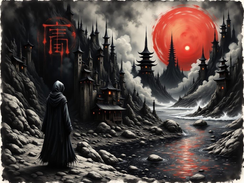 A haunting, ink-splattered horror illustration in the style of ...