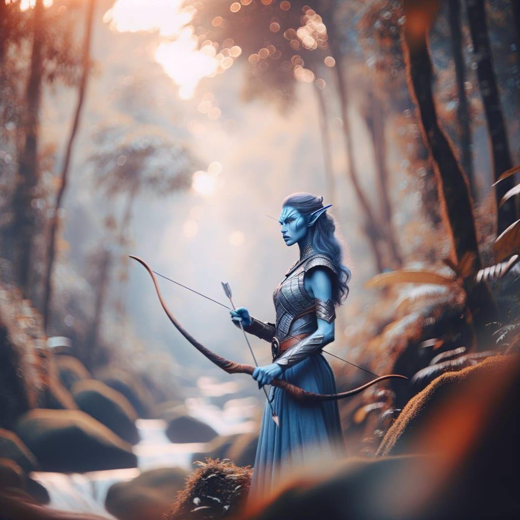 Curvy Blue Night Elf Huntress in Fantasy Wildernes... - AI Art