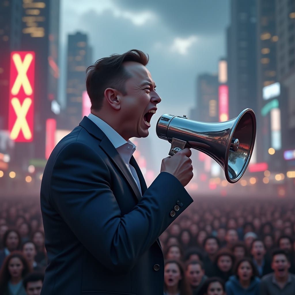 Elon Musk Yells Through a Megaphone at an Angry Cr... - AI Art