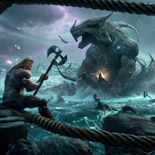 Thor fishing for Jormungandr - AI Generated Artwork - NightCafe Creator