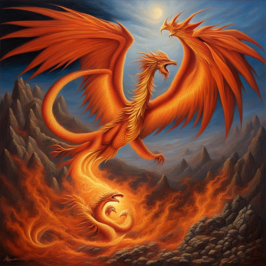Phoenix fighting the dragon oil painting by Mahmoud Farshchian - AI ...