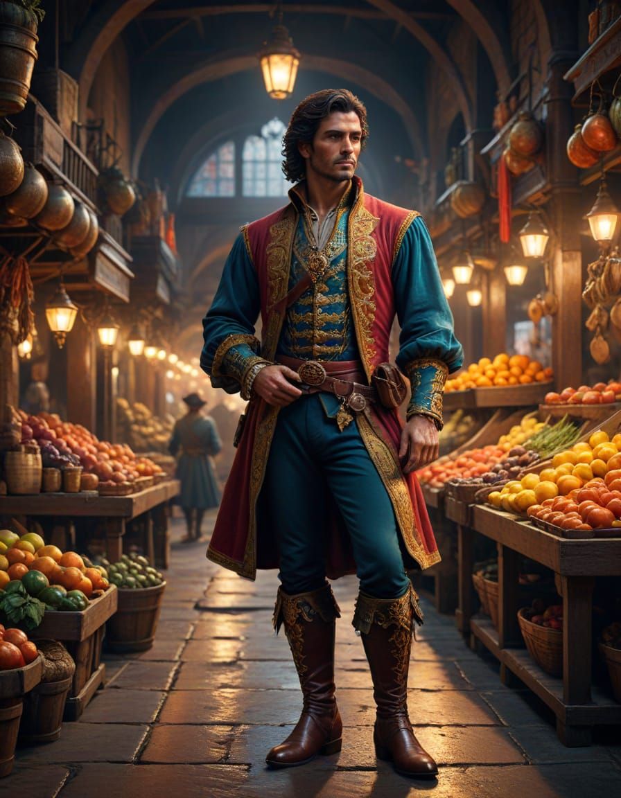 Handsome Italian Merchant in Lavish Market - AI Art