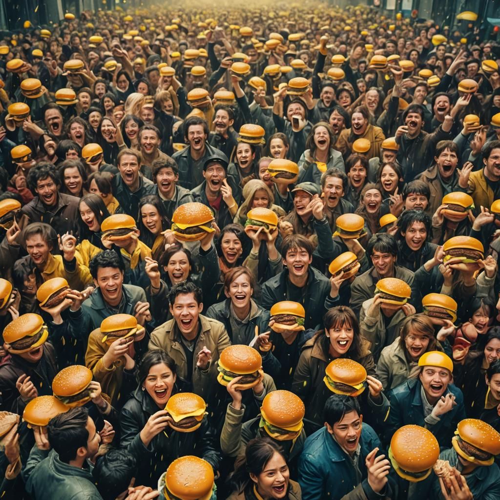 Crowd of people eating burgers after burger rain - AI Generated Artwork ...