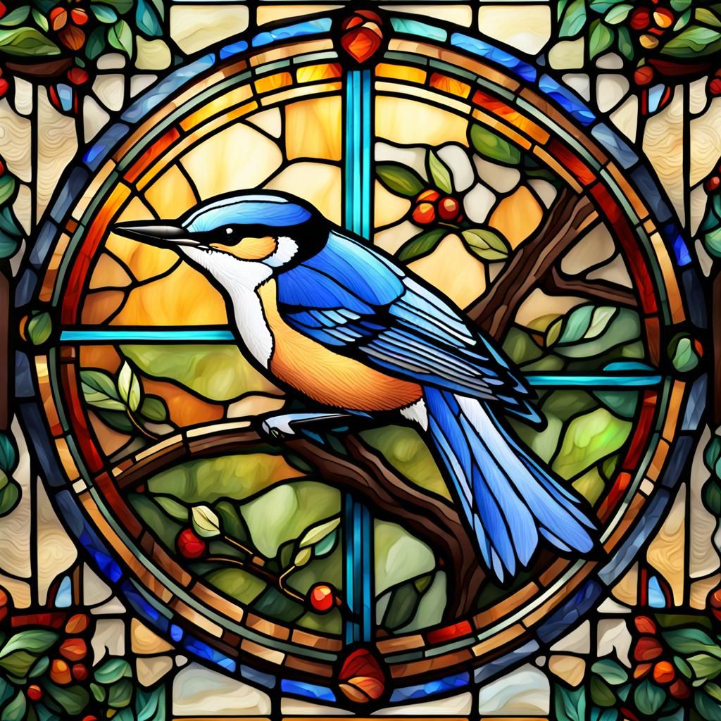 STAINED GLASS-ROUND NUTHATCH-BIRD DETAILED. detailed matte painting ...
