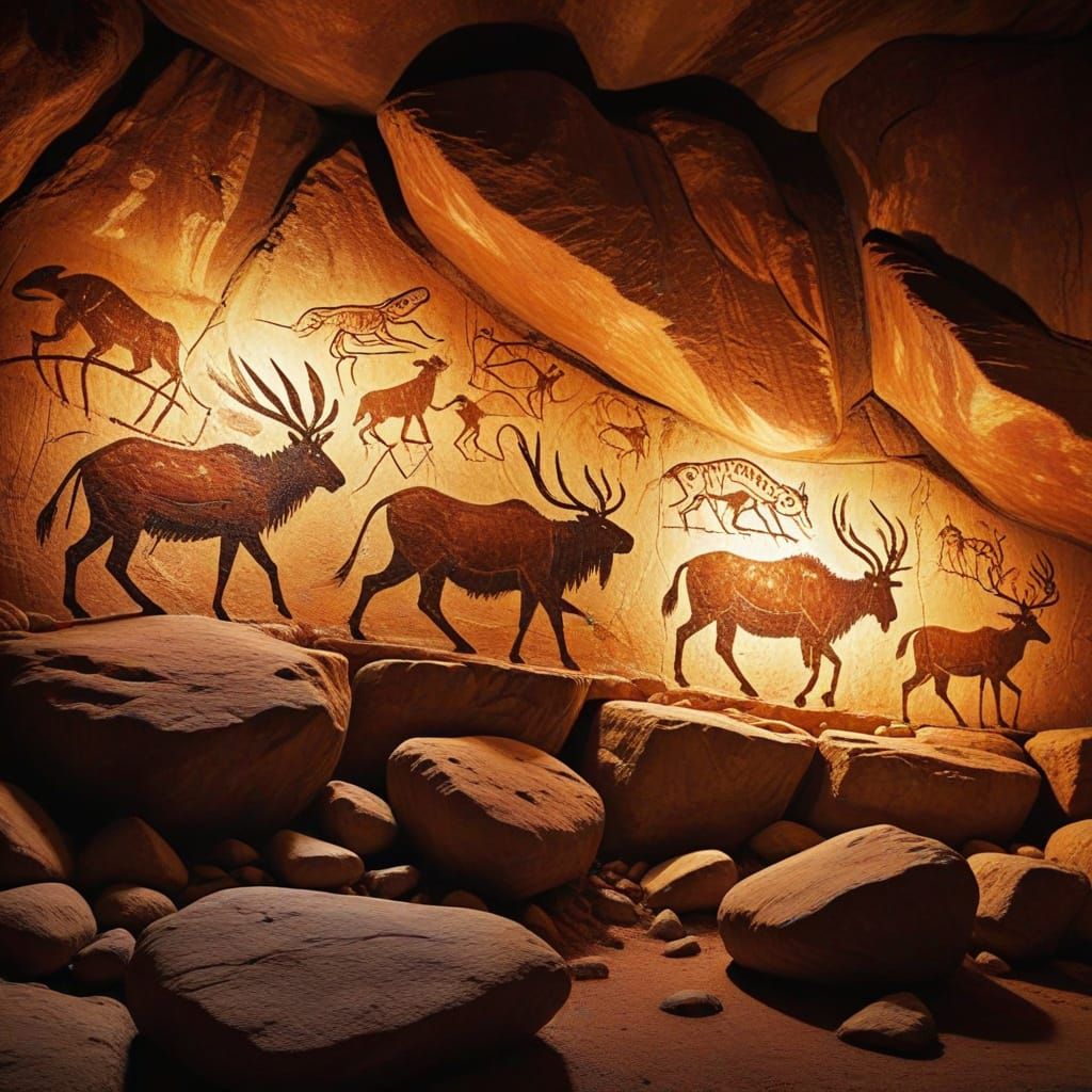 Cave Man Creates Ancient Rock Art in Earthy, Vibra... - AI Art