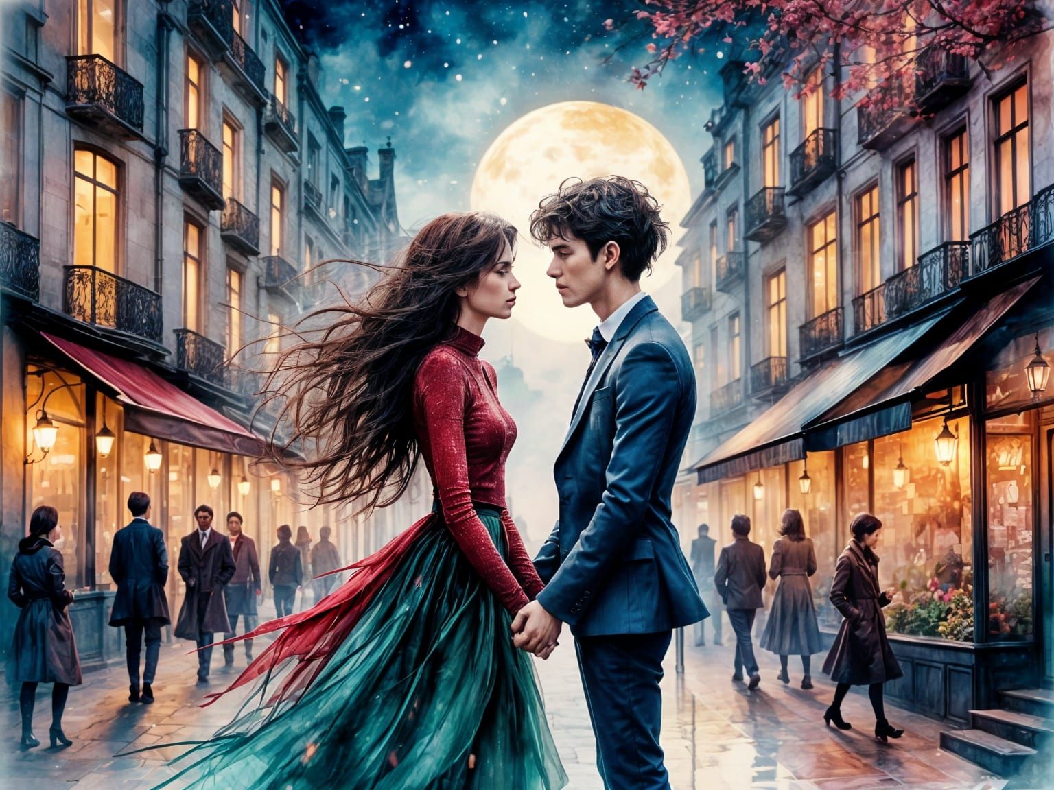 First Kiss 2 - Romantic Moonlit Moment Captured in Vibrant I...