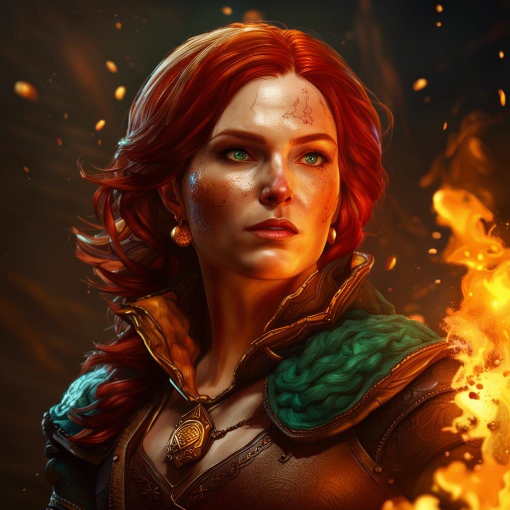 beautifu cute triss merigold cast fireball Hyperrealistic, splash art, concept art, mid shot ...