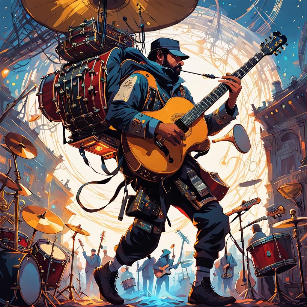 Intricate detailed The One-man band carries a backpack loaded with ...