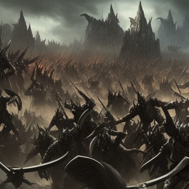 army of demons with pointed teeth and black armor marching on a war ...