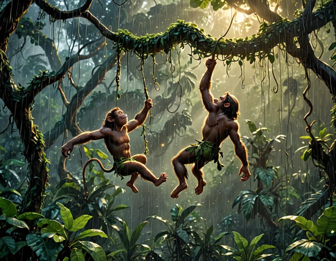 Tarzan swinging on a vine off a tree branch in the rainforest, torrential rain falling, lens ...