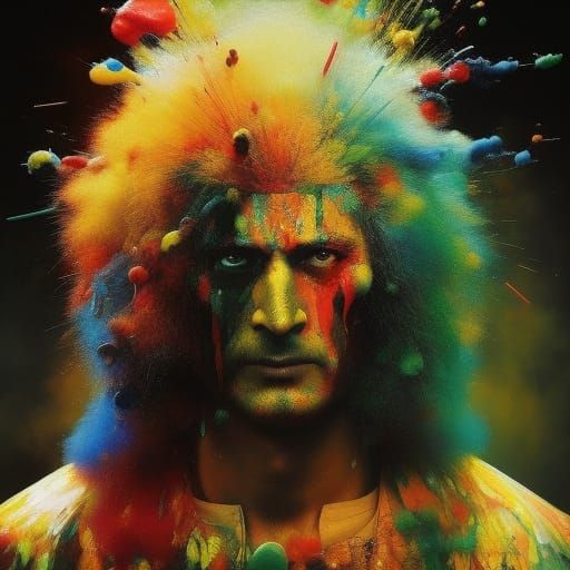 Exploding paint colors.Photorealistic portrait of anarchy god of pain ...