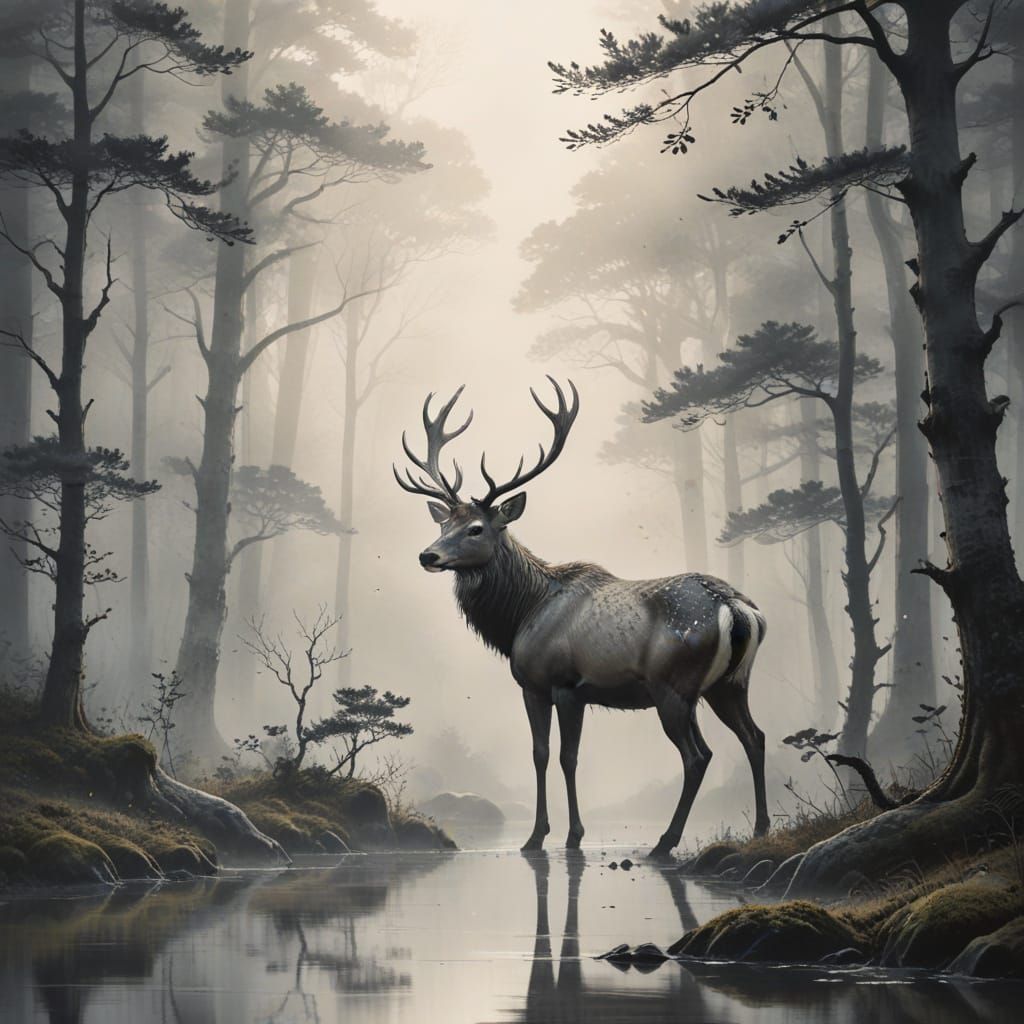 Regal Stag in Misty Forest, Sumi-e Style - AI Art