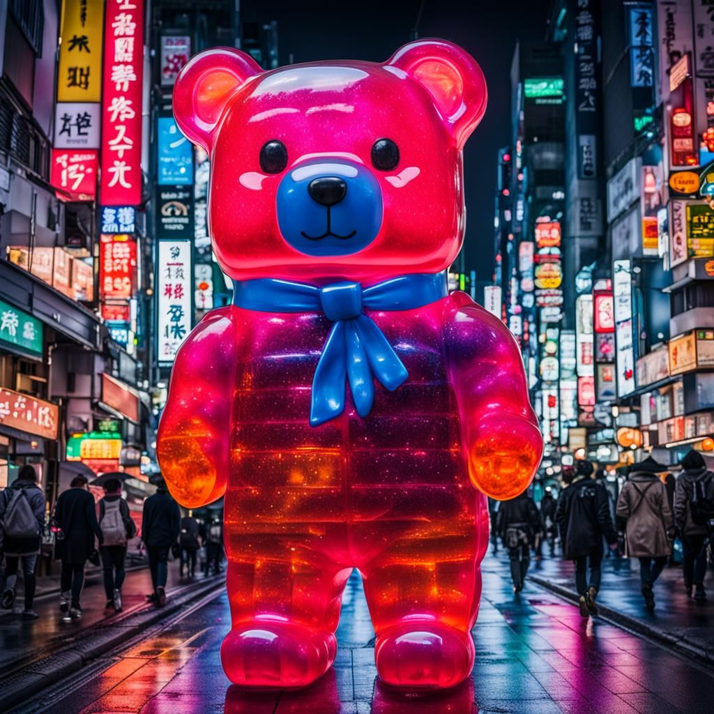 A giant Japanese gummy bear, translucent, 4 stories tall, walking ...