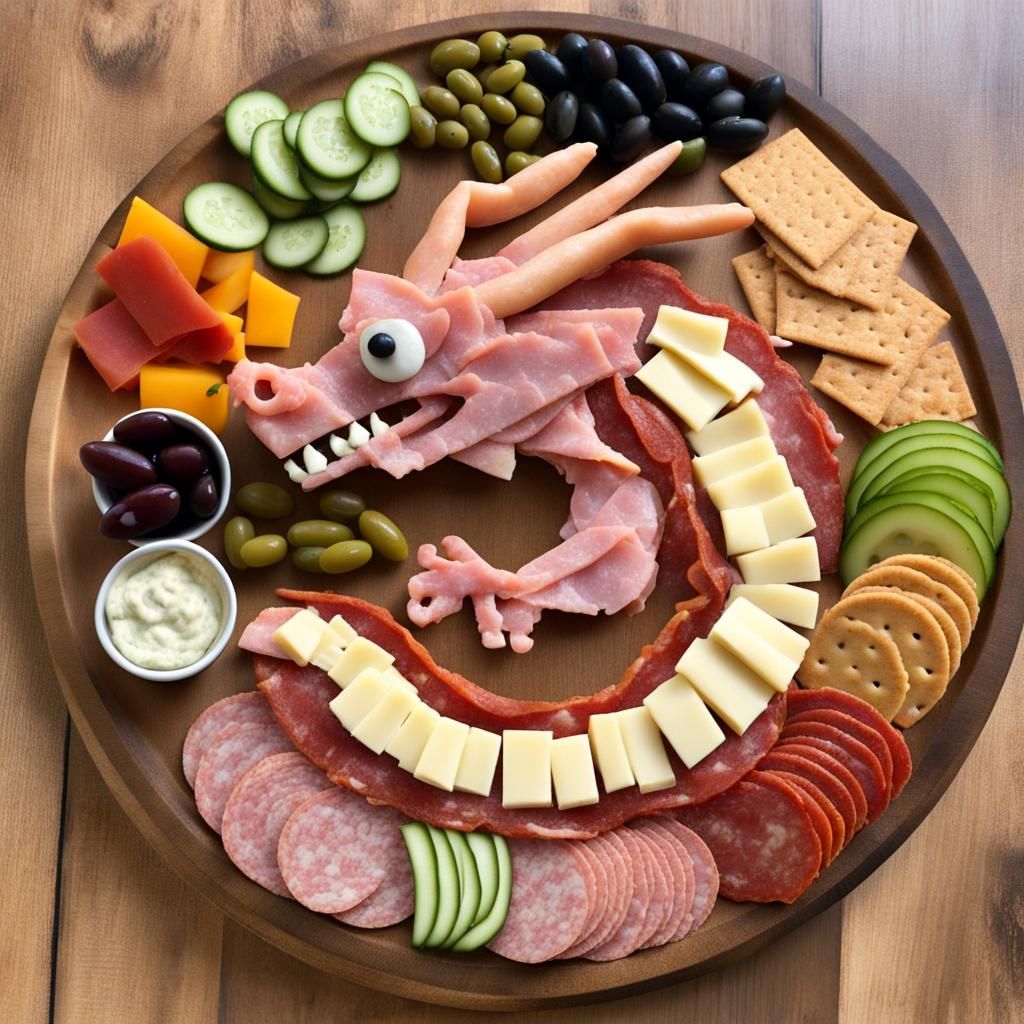 A flat dragon made from items found on a charcuterie board (pepperoni ...