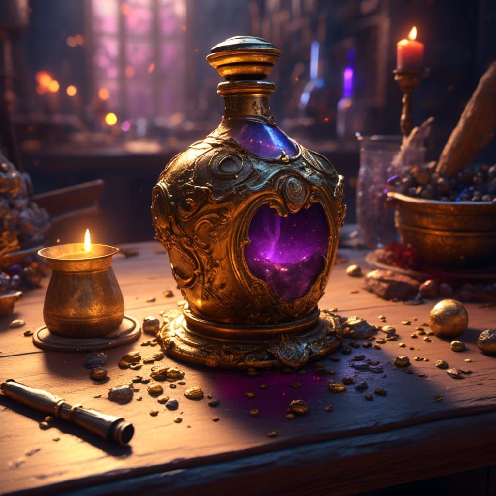 Golden Potion flask on a table - AI Generated Artwork - NightCafe Creator