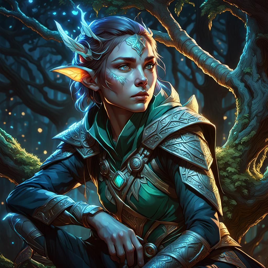 a beautiful glowing elven huntress crouching in a tree at night super ...