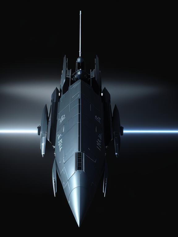 A large sleek black blue metallic spaceship gunship with twin auto ...