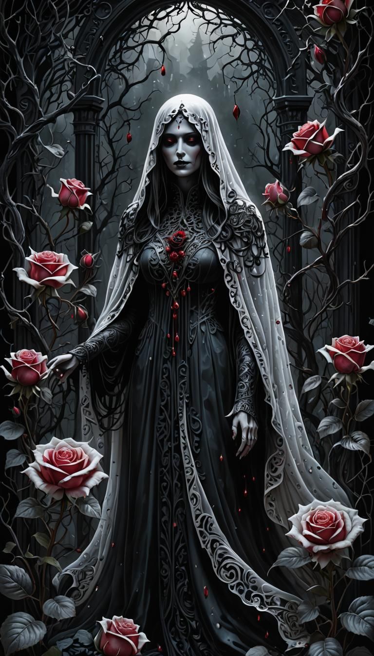 translucent transparent beautiful ghost among black roses in a fantasy ...