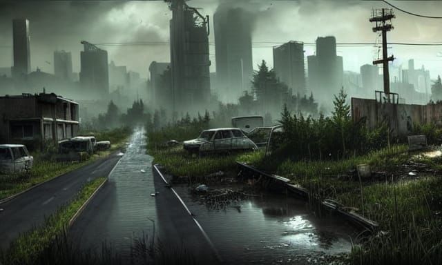 post-apocalyptic landscape of the suburbs of the city dystopic future ...