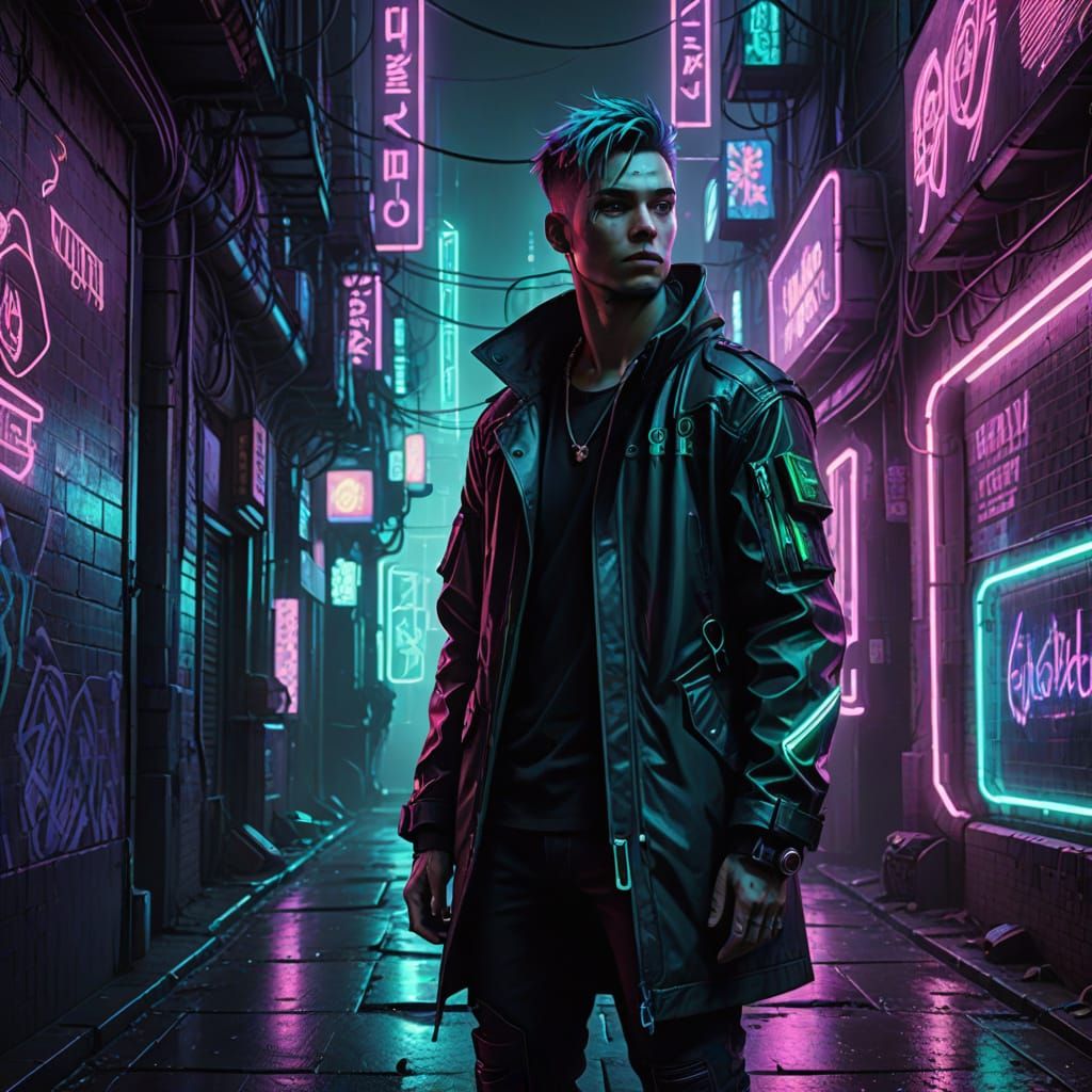 A Shadowrun Pixie Magician - Pixie Magician in Neon Alleyway