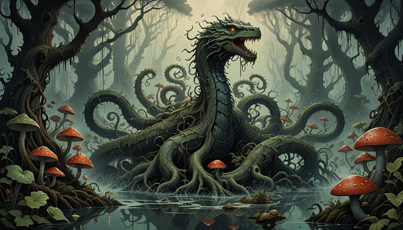 Hydra - Majestic Swamp Hydra Rises in Dark, Cinematic Art