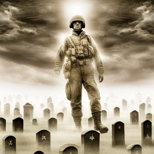 The Ghostly ethereal spectre of a soldier floating high above it's ...